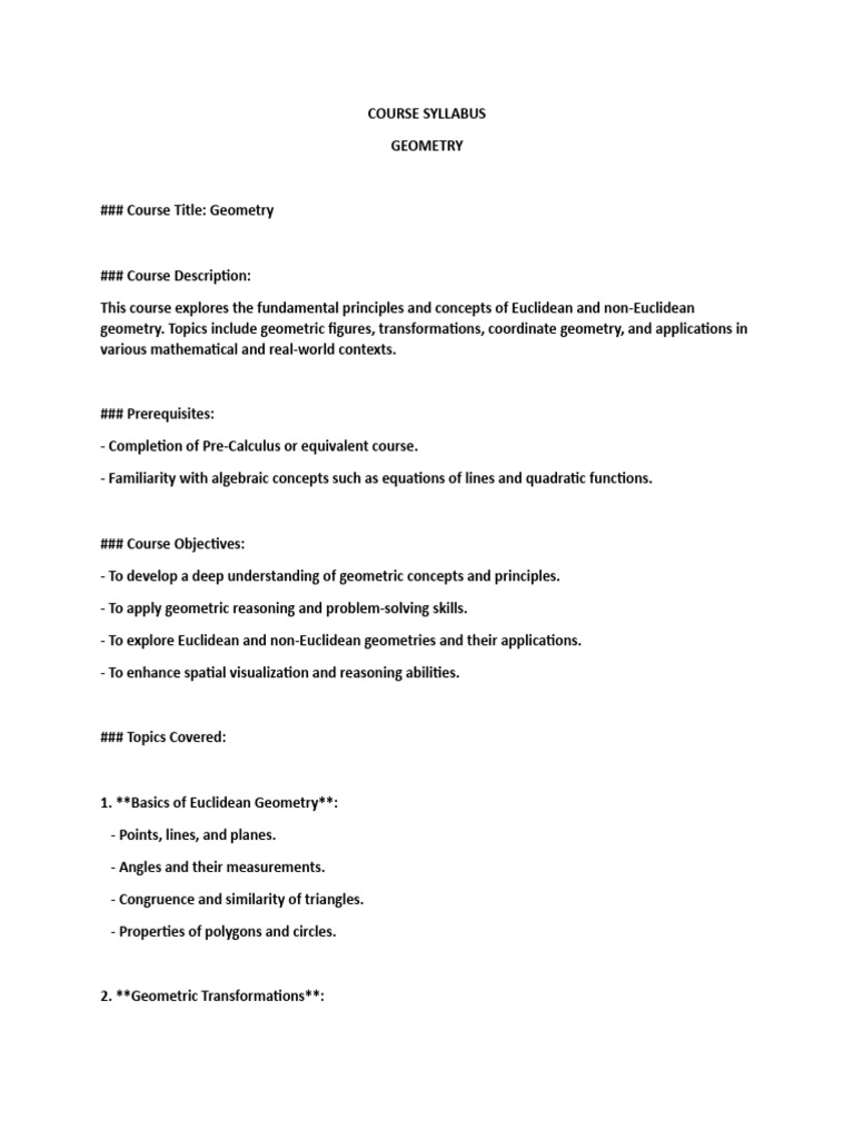 COURSE SYLLABUS Geometry | PDF | Geometry | Euclidean Space
