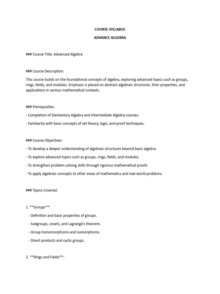 COURSE SYLLABUS Advance Algebra | PDF | Module (Mathematics) | Ring (Mathematics)