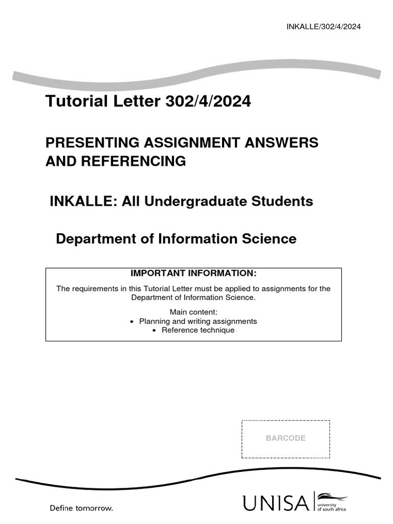 Tutorial Letter 302/4/2024: Presenting Assignment Answers and Referencing | PDF | Knowledge ...