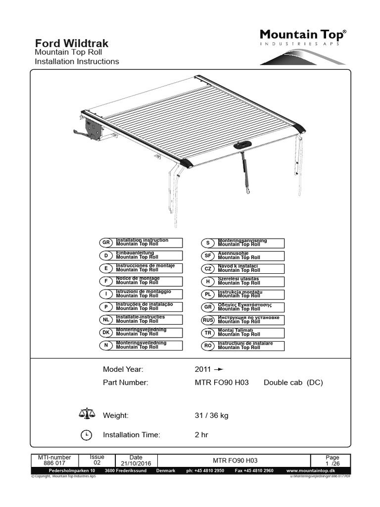 Mountain Top Installation Ford Ranger Wildtrak Instructions Red Rock | PDF