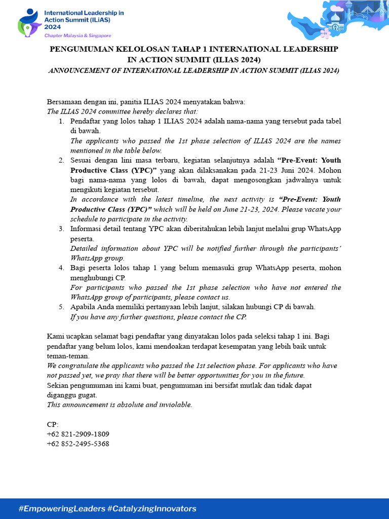 Pengumuman Lolos ILIAS 2024 | PDF