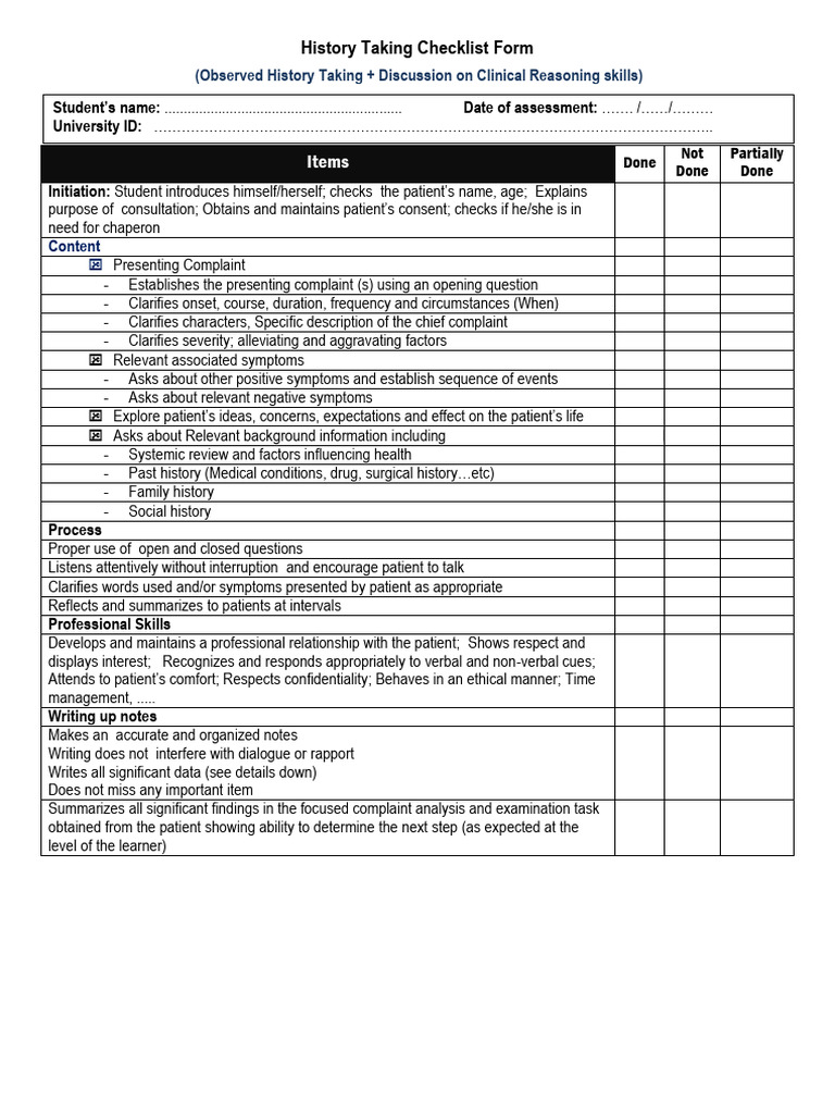 History Taking Form 1441-42 Final | PDF | Patient | Cognition