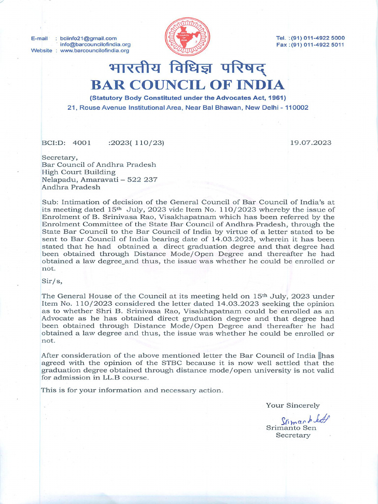 BCID-4001-2023 (111-2023) Letter To AP Bar Council | PDF
