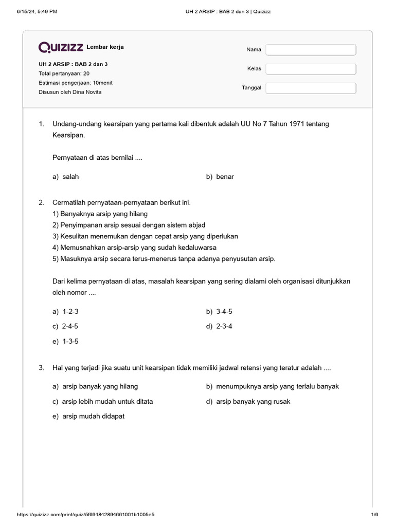 Kuis Kearsipan Bab 2 & 3 | PDF