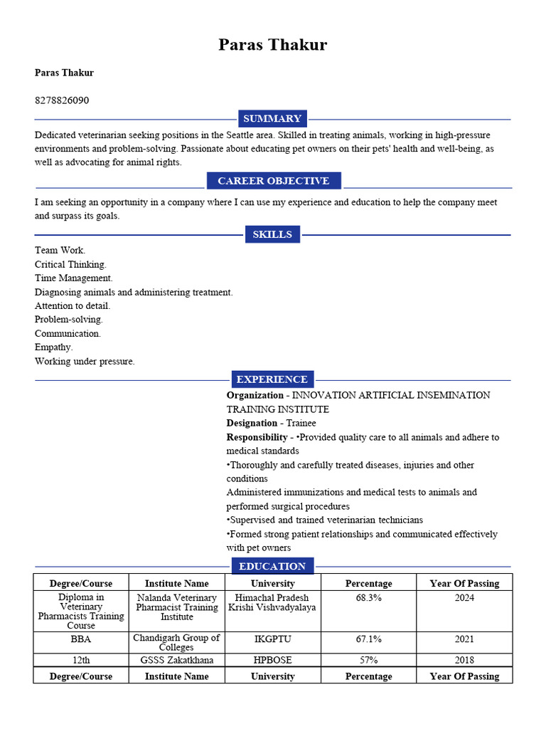 CV Paras Thakur | PDF | Pharmacist | Pharmacy
