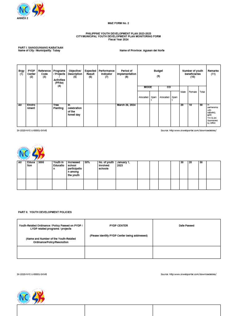 M&E Form No. 2: Youth Development Plan | PDF
