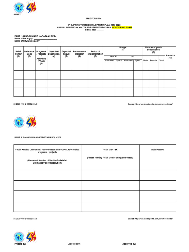 SK M&E Form 1 for Youth Programs | PDF