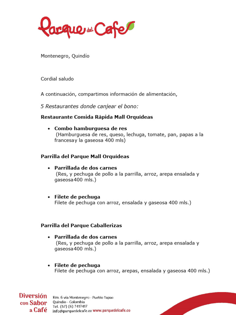 Menu Parque Del Cafe Quindio | PDF | Preparación de comida y bebida | Carne