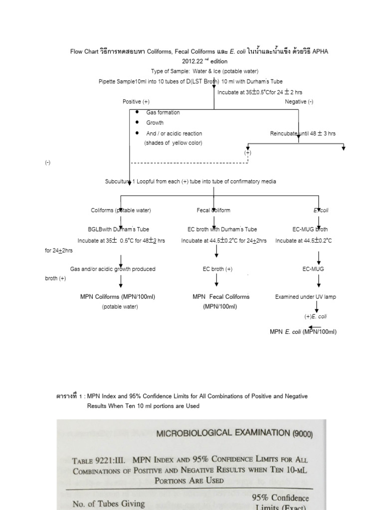 Flow Chart วิธีการทดสอบหา Coliforms E.coli MPN APHA | PDF