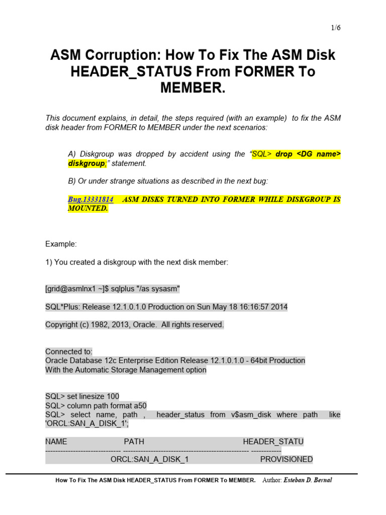 Fix FORMER To MEMBER ASM Disk header-KM | PDF | Oracle Corporation | Software