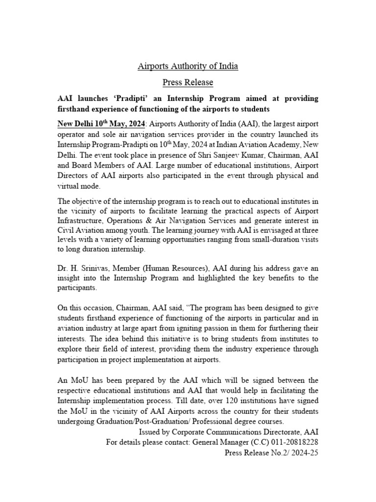 AAI Launches Pradipti' An Internship Program Aimed at Providing Firsthand Experience of ...