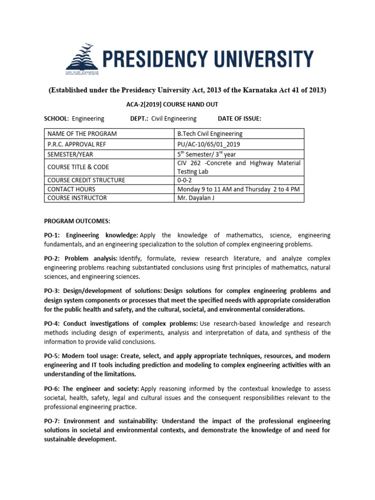 CIV262 - CTCM Lab - Course Handout | PDF | Concrete | Engineering