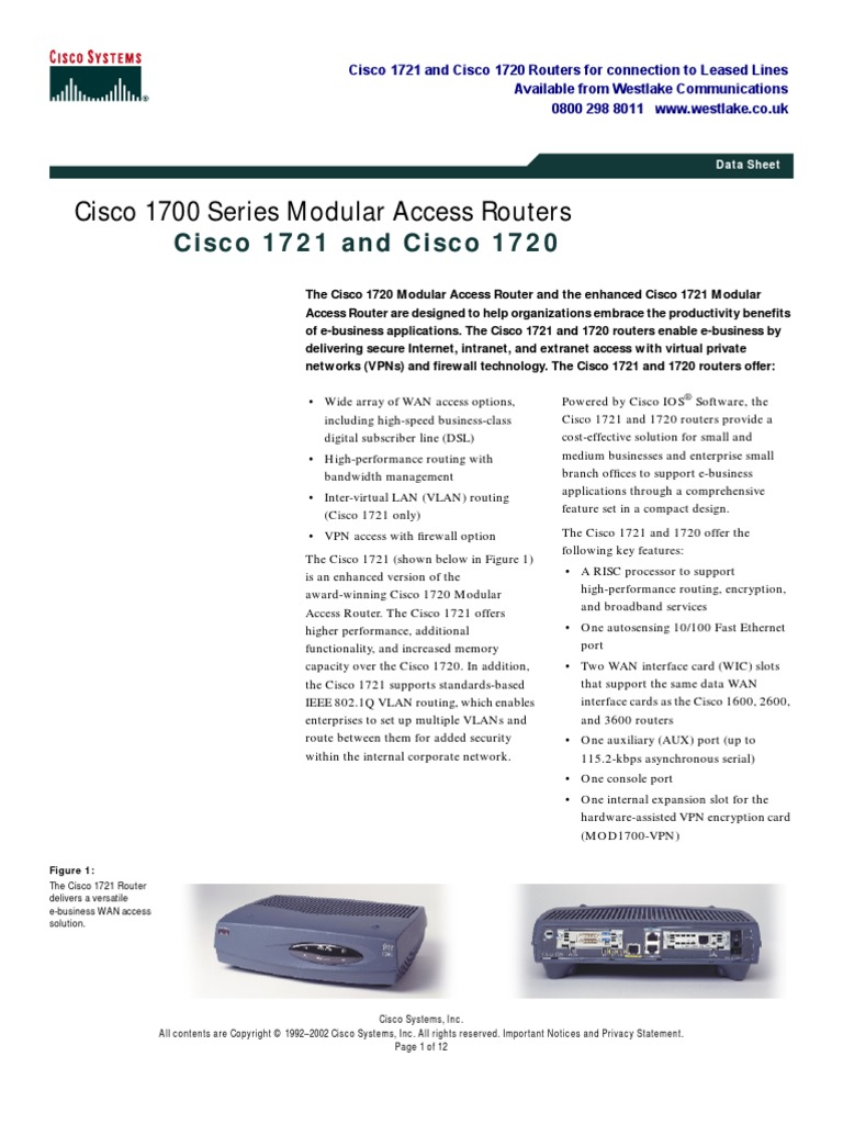 Cisco 1721 Datasheet | PDF | Virtual Private Network | Router (Computing)