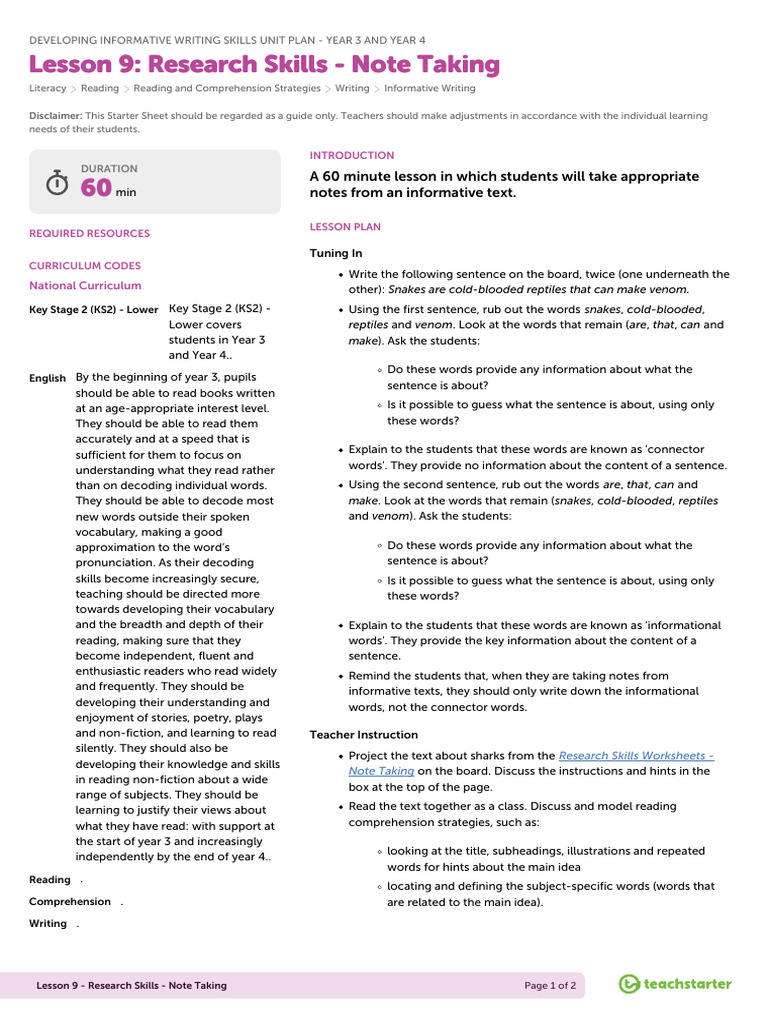 TeachStarter Lesson 9 Research Skills Note Taking | PDF | Reading ...