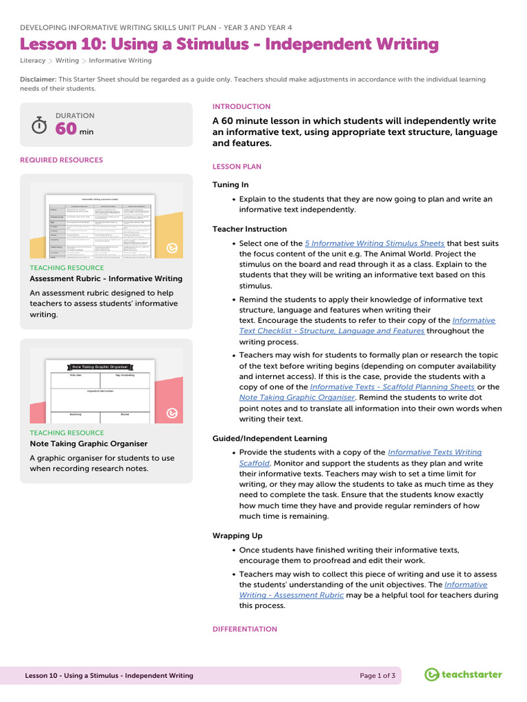 TeachStarter Lesson 10 Using A Stimulus Independent Writing | PDF ...