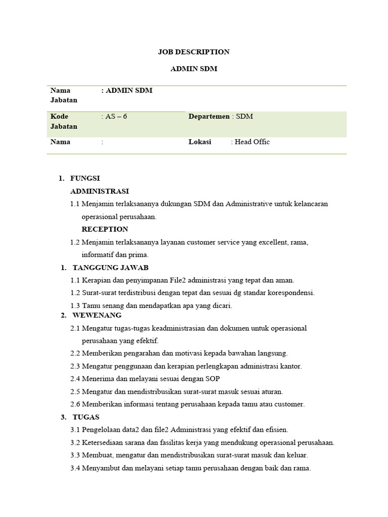 Deskripsi Pekerjaan Admin SDM | PDF