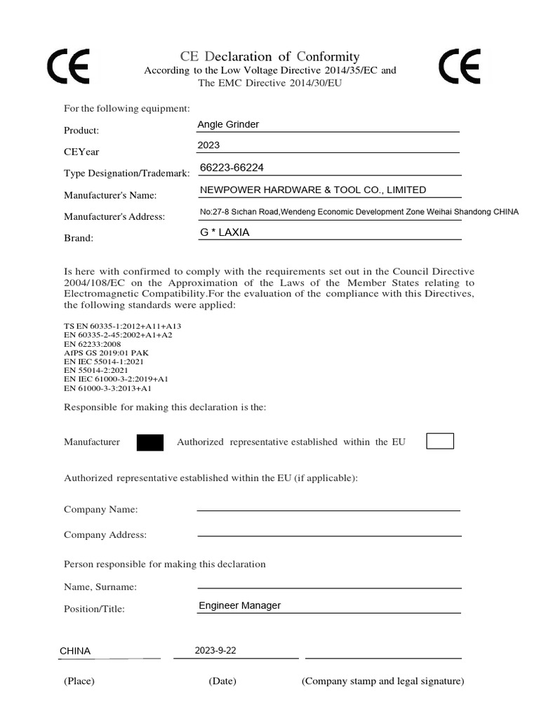 CE Declaration of Conformity for Grinders | PDF | Business | Technology ...
