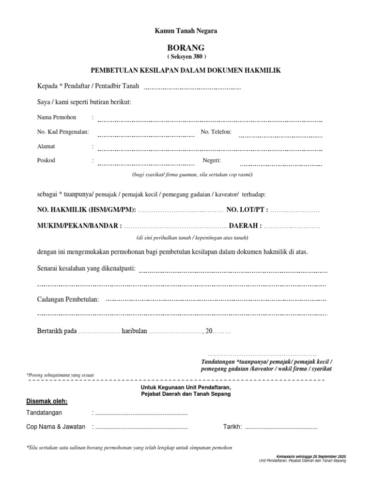 Borang Pembetulan Seksyen 380 KTN (Daerah Sepang) | PDF