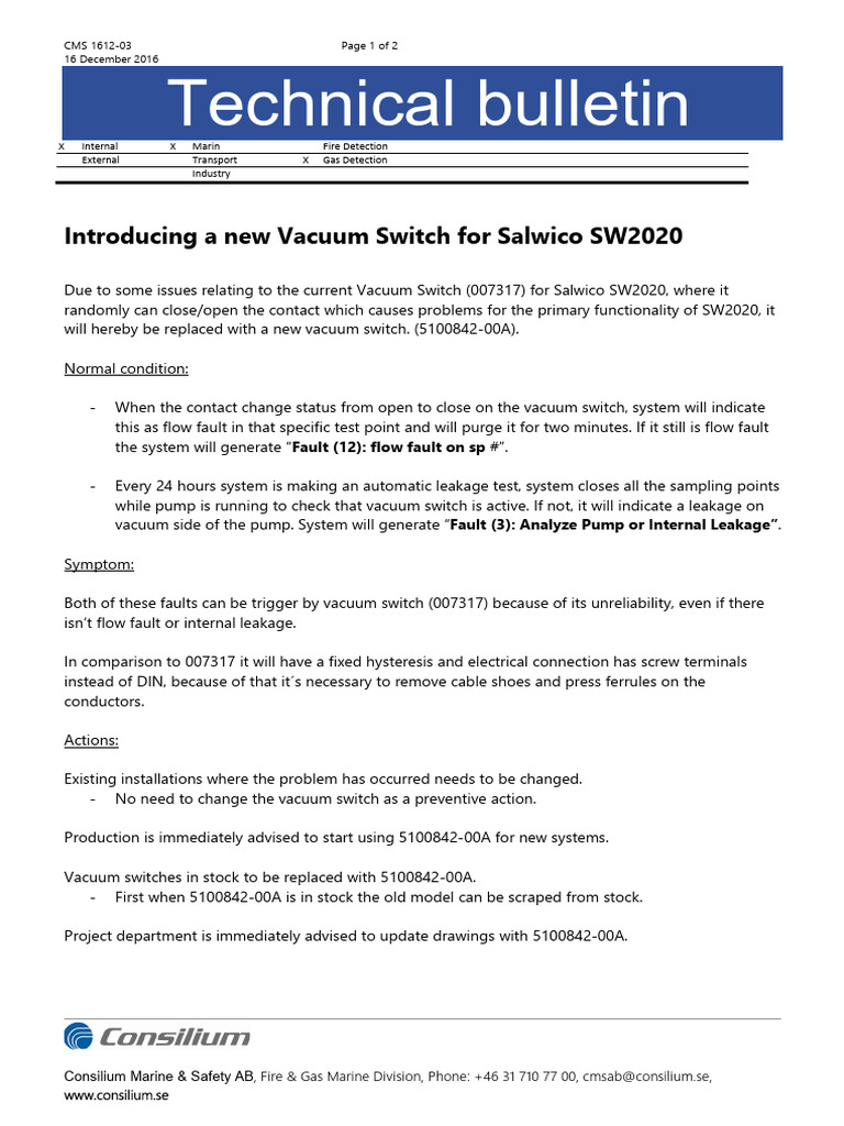 Technical Bulletin VS1 Vacuum Switch SW2020 | PDF | Switch | Vacuum