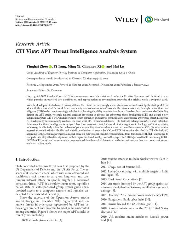Research Article: CTI View: APT Threat Intelligence Analysis System | PDF | Computer Security ...