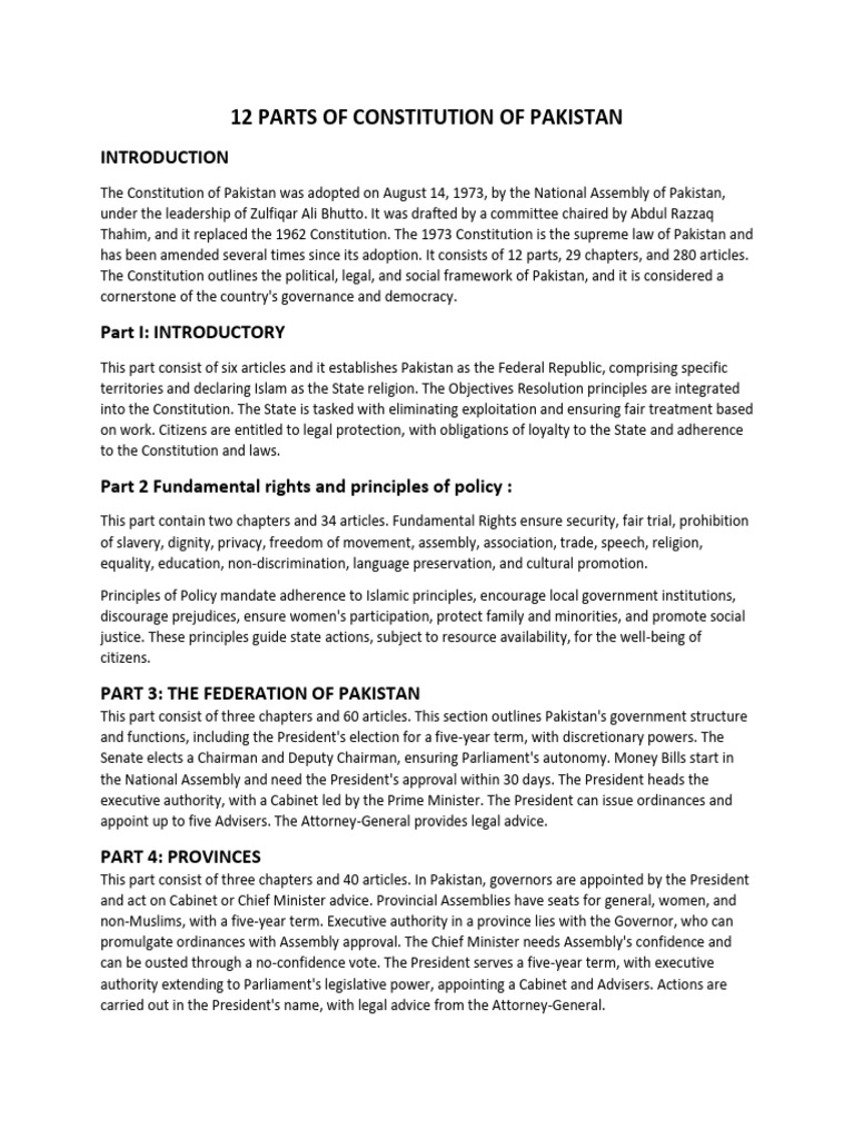 12 Parts of Constitution of Pakistan | Download Free PDF | Parliament ...