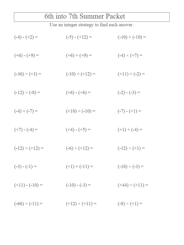 6th Grade Going Into 7th Grade Math Summer Packet | PDF | Integer ...