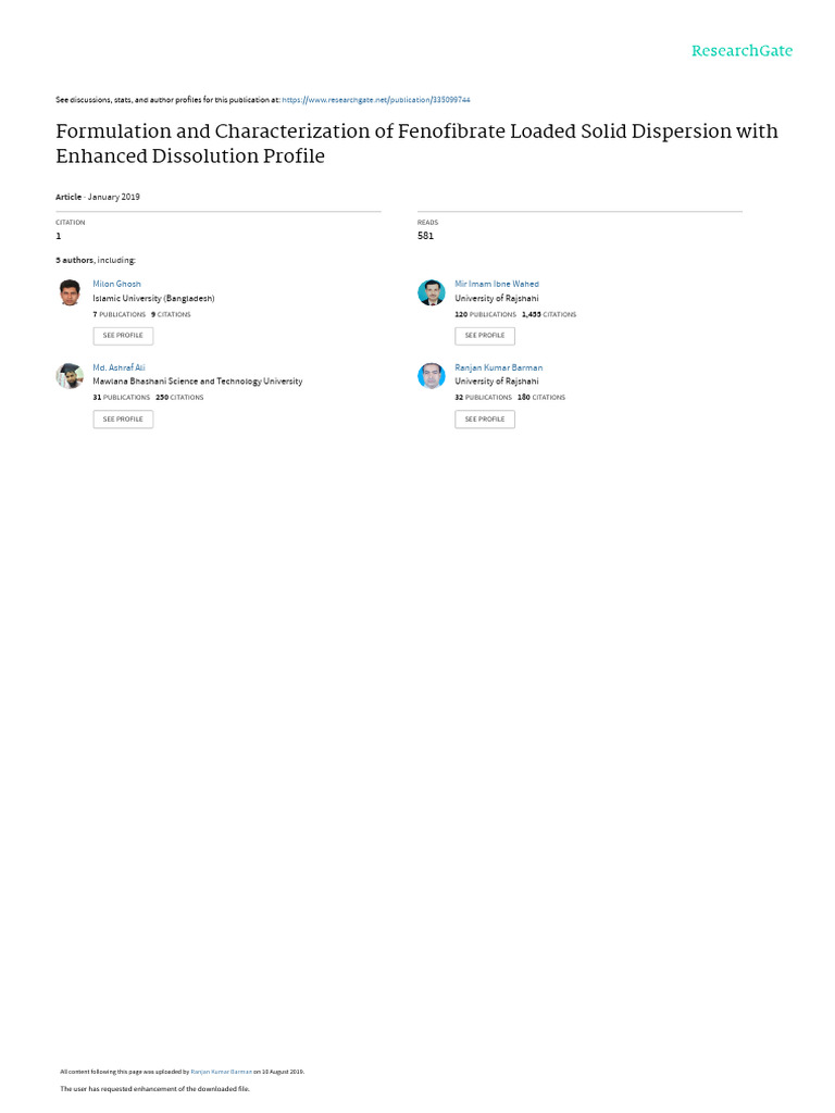 Formulationand Characterizationof Fenofibrate Loaded Solid Dispersionwith Enhanced Dissolution ...