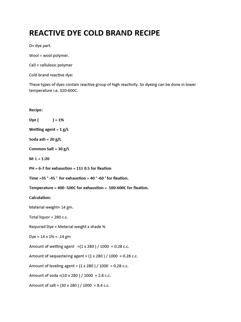 Cold Brand Reactive Dye Recipe Guide | PDF | Dyeing | Dye