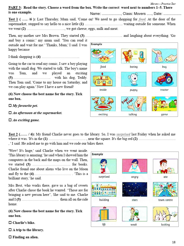 Movers Reading and Writing Practice Test | PDF | Mystery, Thriller ...