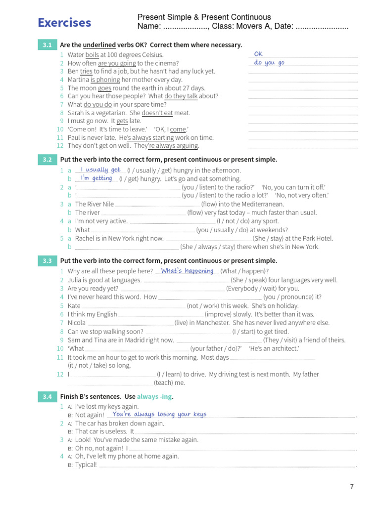 Movers - Present Simple & Present Continuous. | PDF