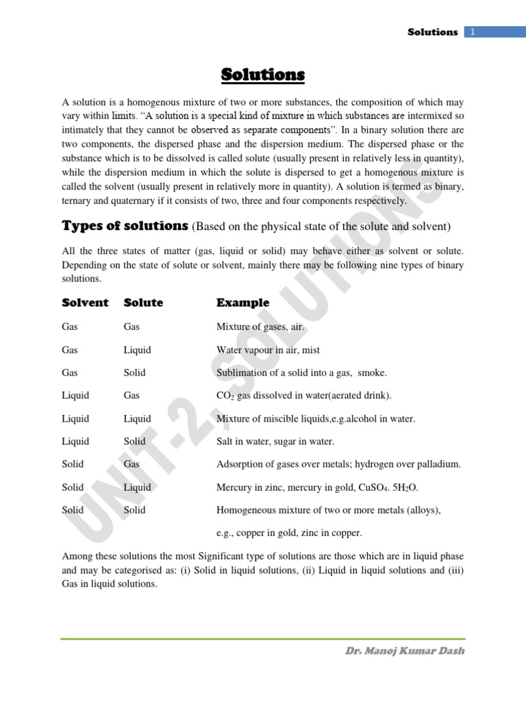 pdf notes on solution | PDF | Solubility | Mixture