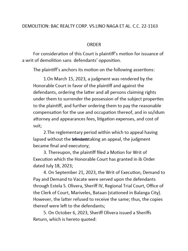 DEMOLITIOn Bac Vs Naga CC 22-1163 | PDF | Lawsuit | Judgment (Law)