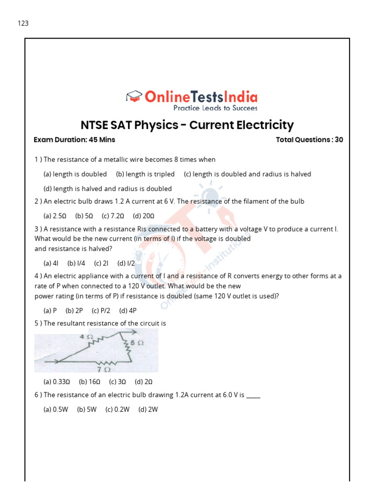 NTSE SAT Physics - Current Electricity Sample Practice Questions ...