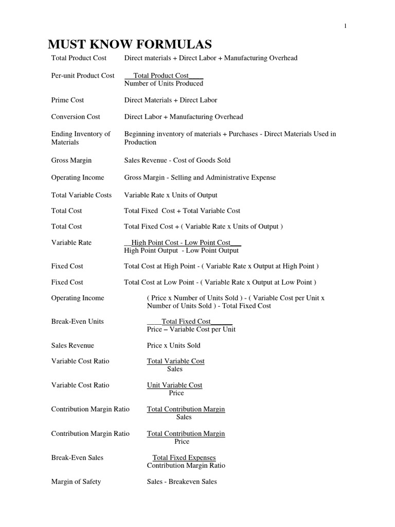 MAS - Formulas | PDF | Cost Of Goods Sold | Gross Margin