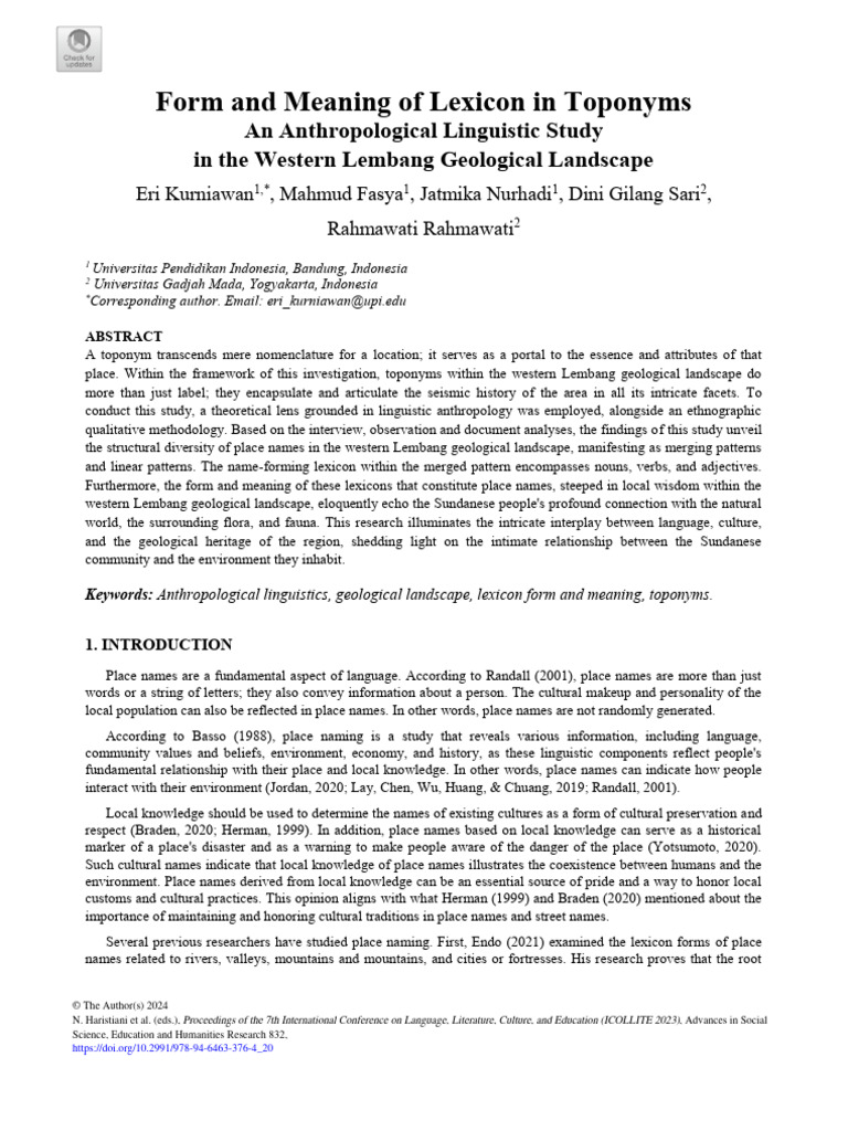 Form and Meaning of Lexicon in Toponyms - An Anthropological Linguistic Study in The Western ...