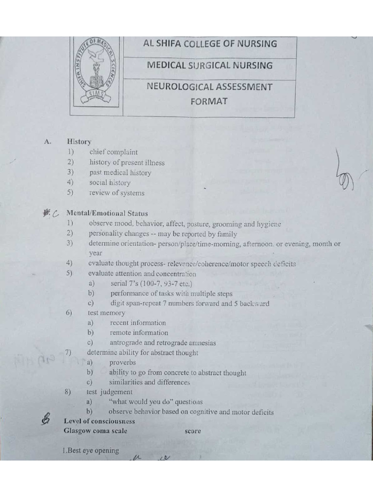 Neurological Assessment Format | PDF