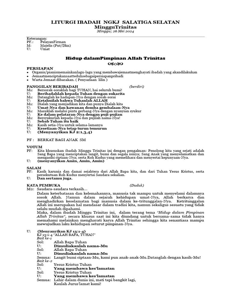 Liturgi 26 Mei 24 Minggu Trinitas Bhs. Ind | PDF