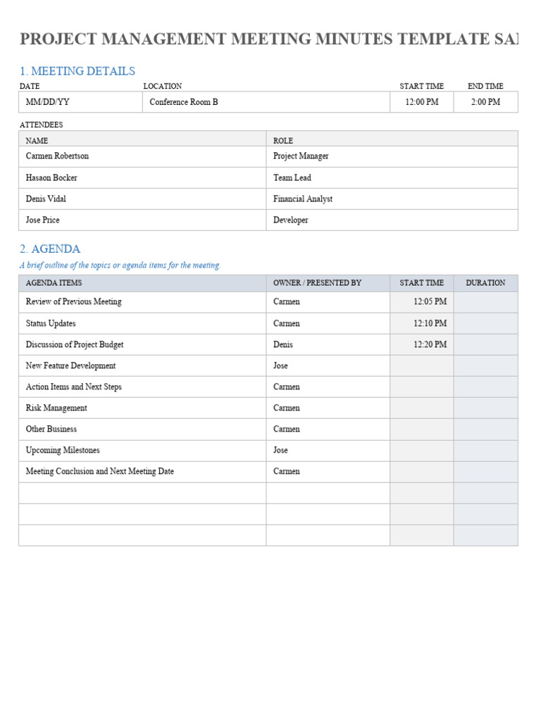 IC Project Management Meeting Minutes Sample 11856 | PDF | Risk ...