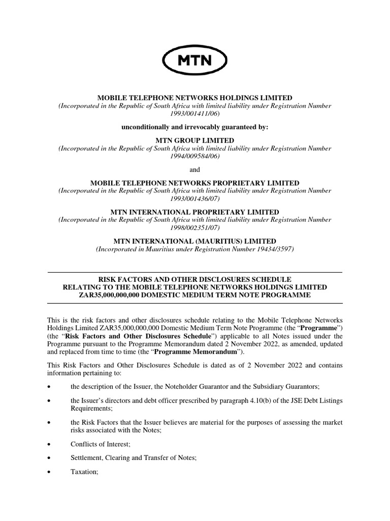 MTN DMTN Update MTN Risk Factors and Other Disclosures Schedule | PDF ...