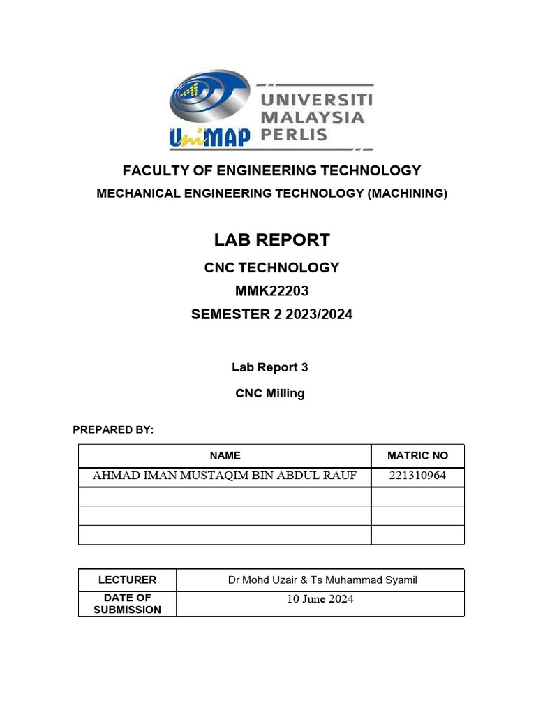 CNC Milling Lab 3 221310964 | PDF | Numerical Control | Machining