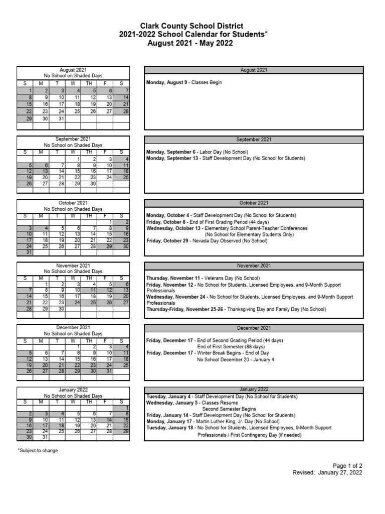 2021-2022 Clark County School Calendar | PDF | Academic Term | Holidays