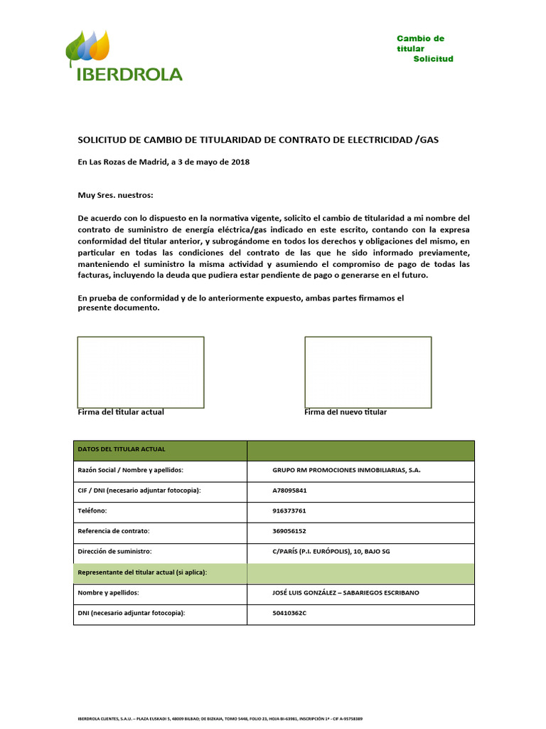 Solicitud de Cambio de Titularidad Iberdrola | PDF