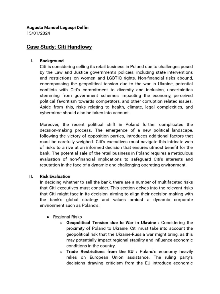 Case Study - Citi Handlowy | PDF | Risk | Citigroup