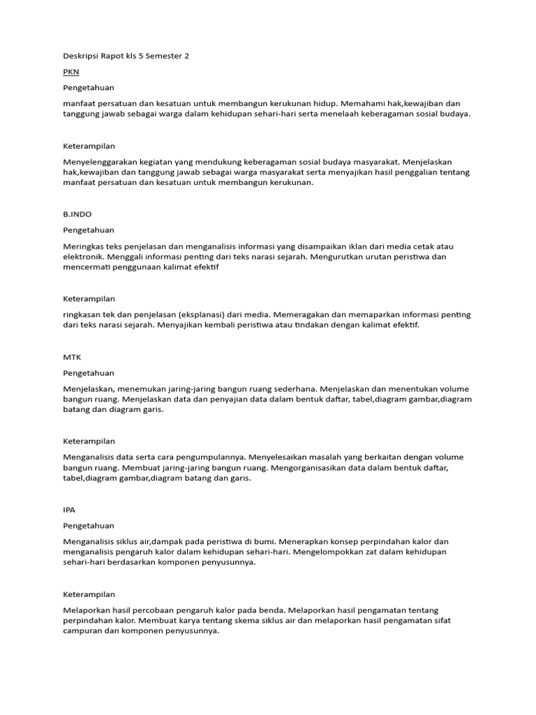 Deskripsi Rapot Kls 5 Semester 2 | PDF | Ilmu Sosial