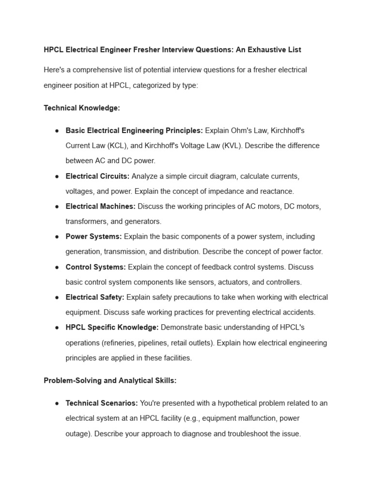 ## HPCL Group Task Topics For Electrical Engineer Freshers | PDF | Power Electronics | Engineering