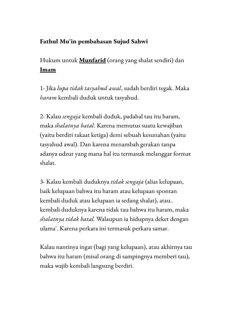 Fathul Mu'in Pembahasan Sujud Sahwi | PDF