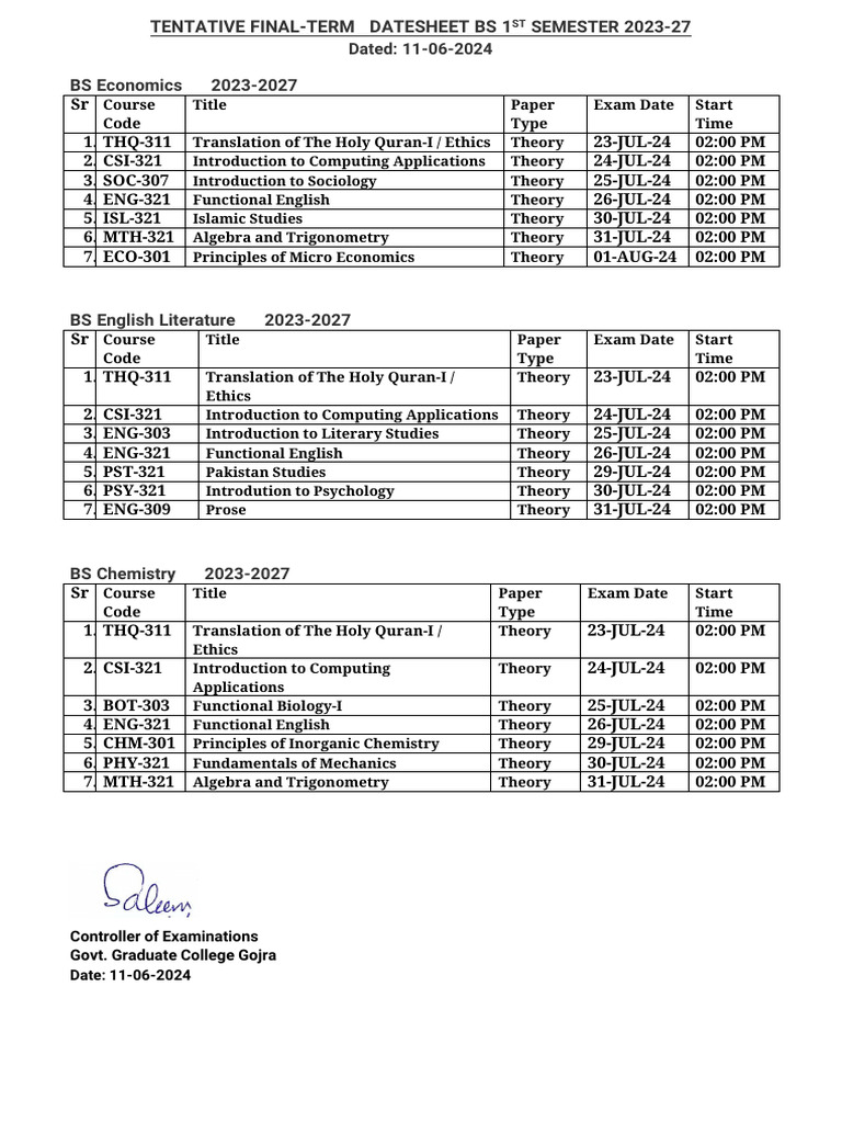 Final Term Datesheet 1st (2023-27) | PDF | Mathematics | Mathematical ...