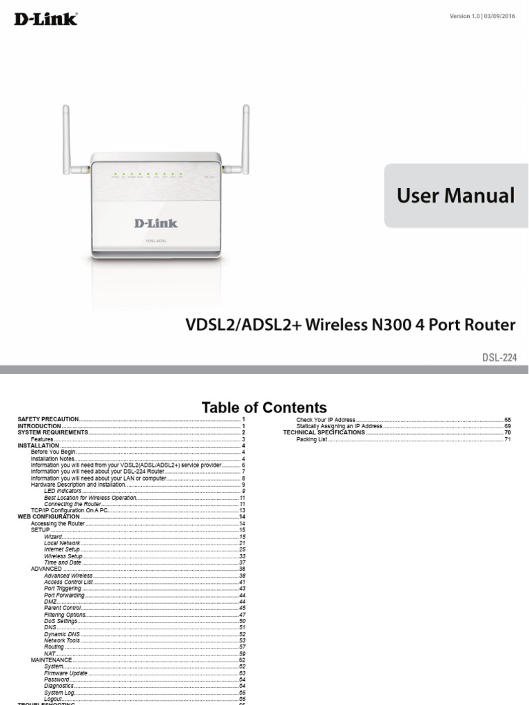 D Link DSL 224 - T1 - ADSL VDSL Fibre Router Manual - v1.00 | PDF | Ip Address | Computer Network