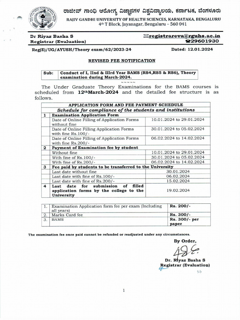 REVISED BAMS Fees Notification March 2024 | PDF