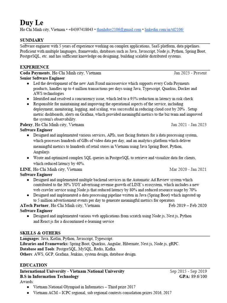 Duy Le Resume | PDF | Postgre Sql | Computing